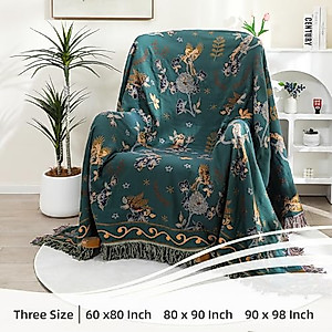VANJOROY Boho 100% Cotton Large Throw Blanket - All Season Rustic Ultra Soft Breathable Floral Bird Blanket for Bed Sofa Couch Chair Bedspread Quilt Gift, 60" x 80"-Teal,Beige