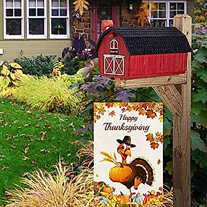 Happy Thanksgiving Garden Flags, Thanksgiving Yard Flag, Pumpkins Maple leaves Fall Flag Harvest Turkey Flags Double Sided Burlap House Decorations for Home 12 x 18 Inch