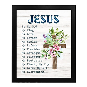 Jesus Is My God, King, Peace, Joy Inspirational Christian Wall Art Decor -8 x10" Rustic Floral Cross Print -Ready to Frame. Motivational Decor for Home-Office-Church. Great Religious Gift of Faith!