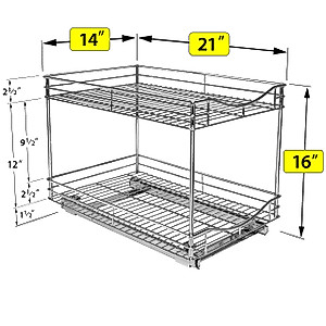LYNK PROFESSIONAL® Pull Out Cabinet Organizer, Double - Slide Out Pantry Shelves - Sliding Storage for Inside Kitchen Cabinet or Under Sink - Roll Out Drawer for Pots, Pans - 14" x 21" Deep - Chrome