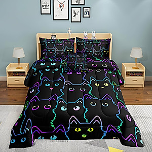 6 Piece Cat Comforter Set Queen Size Bed in A Bag set Cute Black Cat Bedding Set for Girls Boys Kids Teens (with 1 Comforter,1 Flat Sheet,1 Fitted Sheet,2 Pillowcases,1Cushion Cover)Cats 5001-6Pcs Q