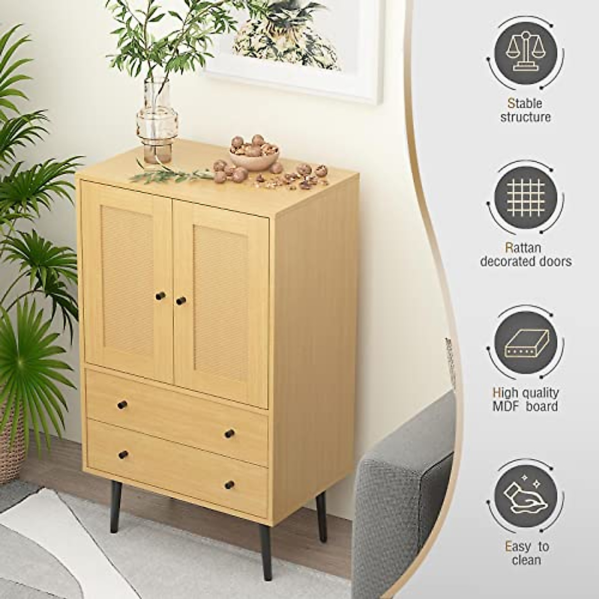 Hcman Sideboard Buffet Cabinet with Storage, Rattan Cabinet with Wooden Legs & 2 Drawers for Entryway, Living Room, Kitchen, Dining Room