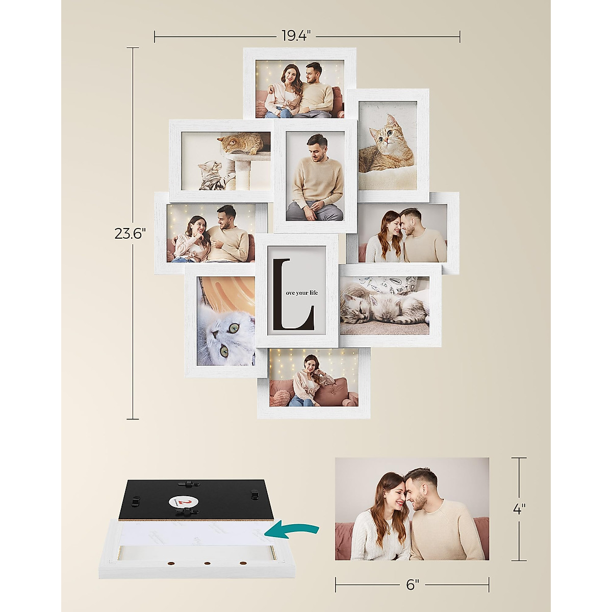 SONGMICS Collage Picture Frames, 4x6 Picture Frames Collage for Wall Decor, 10 Pack Photo Collage Frame for Gallery, Multi Family Picture Frame Set, Glass Front, Assembly Required, Cloud White