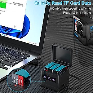 TOMSHEIR Hero 9/10/11 Battery 3-Pack 2000mAh and USB Storage Fast Charger Fully Compatible with Gopro Hero 9 Gopro Hero 10 Gopro Hero 11 Black Official with High Speed Micro SD Card Reader Function