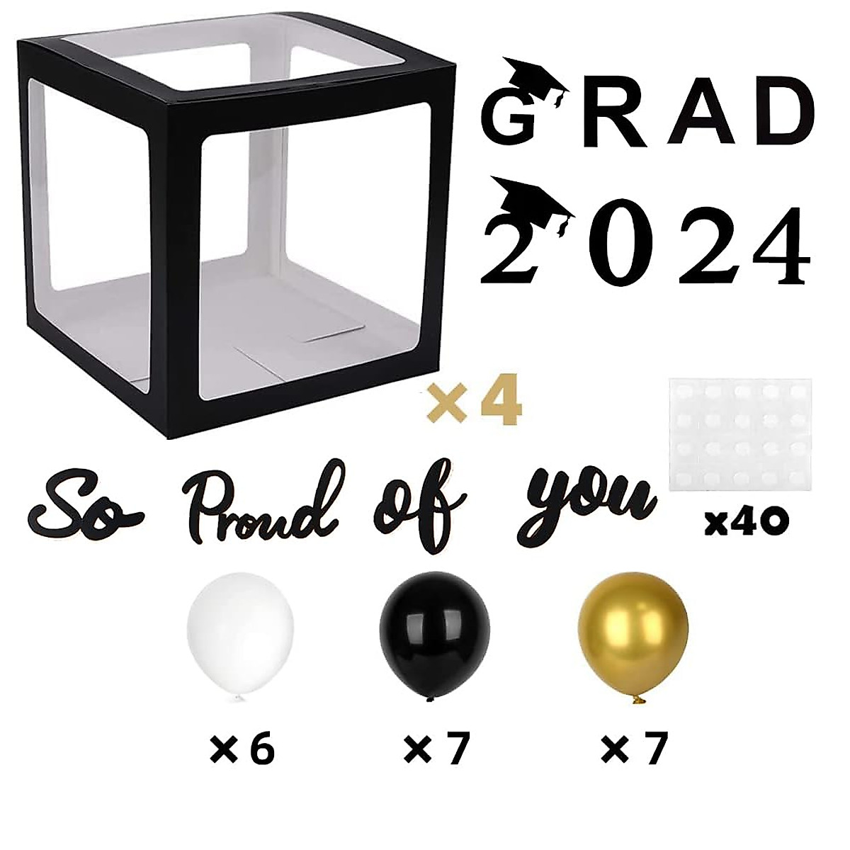 2024 Graduation Party Decoration Black Balloon Boxes with Letters 2024 Grad & So Proud of You and 20 pcs Ballons…