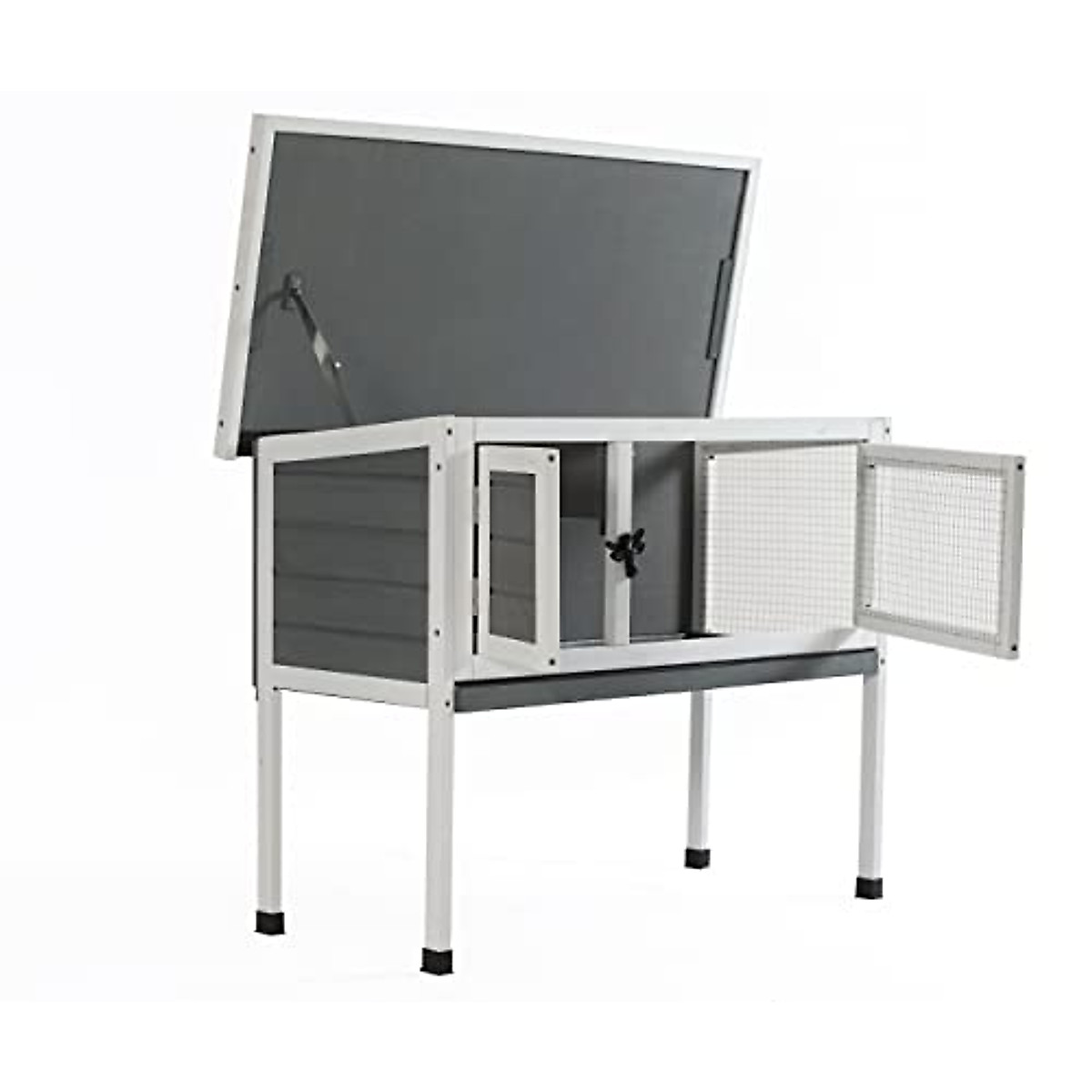 EMKK Wooden Rabbit Hutches Pet House Small Bunny Wood Hutch Dog Chicken Coops Cages Cage with No Leak Tray Lockable Door Openable Top for Indoor Outdoor,Grey, 46''L X 17.7''D X 27.6''H