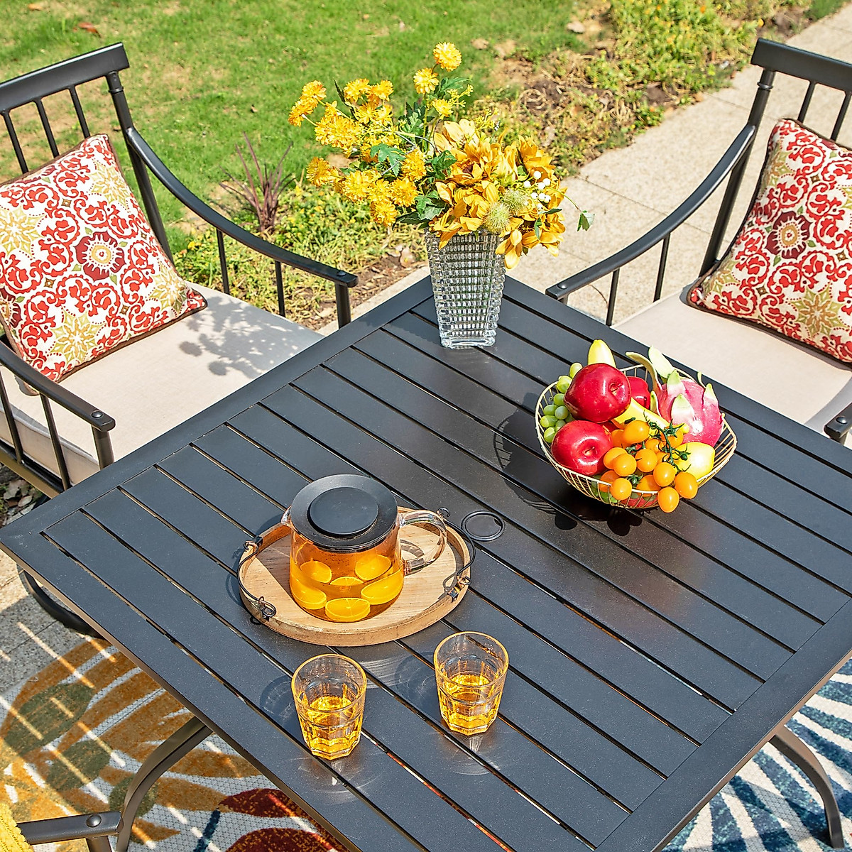 Sophia & William 37" Square Patio Outdoor Dining Table with 1.57" Umbrella Hole, All-Weather Resistant Table with E-Coating for 4 People, Black Metal Steel Slated Table for Garden Backyard Poolside