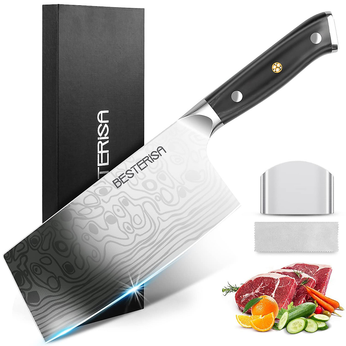 BESTERiSA Cleaver Knife - 7 Inch Meat Cleaver Butcher Knife - High Carbon German Stainless Steel EN1.4116 Ultra Sharp Vegetable and Meat Butcher Knife with Finger Guard for Home Kitchen and Restaurant