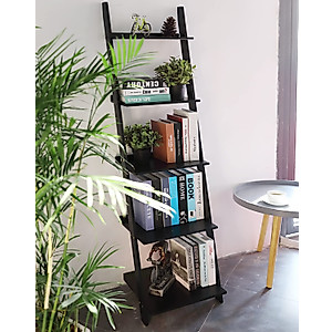 HYNAWIN Ladder Shelf 5 Tier Bookcase, Multipurpose Plant Flower Stand Bookshelf Storage Rack Shelves, Wood Look Accent Bamboo Frame Modern Furniture Home Office (Black)