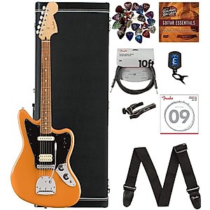 Fender Player Jaguar - Capri Orange Bundle with Hard Case, Cable, Tuner, Strap, Strings, Picks, Capo, Fender Play Online Lessons, and Austin Bazaar Instructional DVD