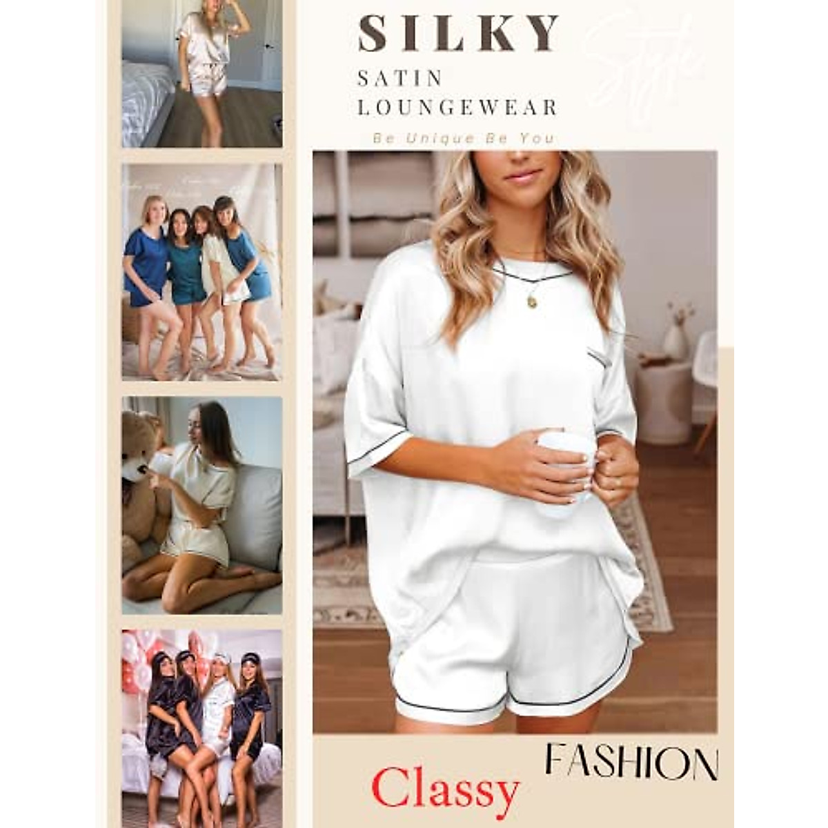 Ekouaer Womens Silk Pajamas Set Short Sleeve Shirts and Pj Shorts 2 Piece Plus Satin Pajamas Cute Sleepwear White XXL