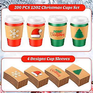 Ziliny 200 Pack 12 oz Christmas Cups with Lids and Coffee Cup Sleeves Red Green Disposable Christmas Paper Coffee Cups for Beverage Chocolate Tea Cocoa Xmas Holiday Table Decorations Party Favors