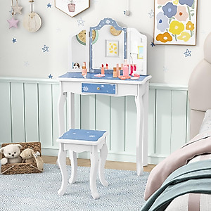 Olakids Kids Vanity Set, 2 in 1 Wooden Princess Makeup Table and Chair Set with Detachable Tri-Folding Mirror Storage Drawer, Snowflake Themed Girls Pretend Beauty Dressing Play Toy Gift (Blue)