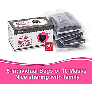 Comix Kids Face Mask, Kids Disposable Face Mask, Face Mask for Kids Boys Girls, 3 layer face mask, Pack of 50, Black