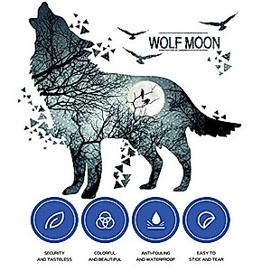 Removable Ink Moon Wolf Wall Decor Creative Blue Galaxy Wolf Room Wall Sticker Easy Peel & Stick Home Decor Murals for Kids Teen Girls Bedroom Nursery Ceiling Living Room