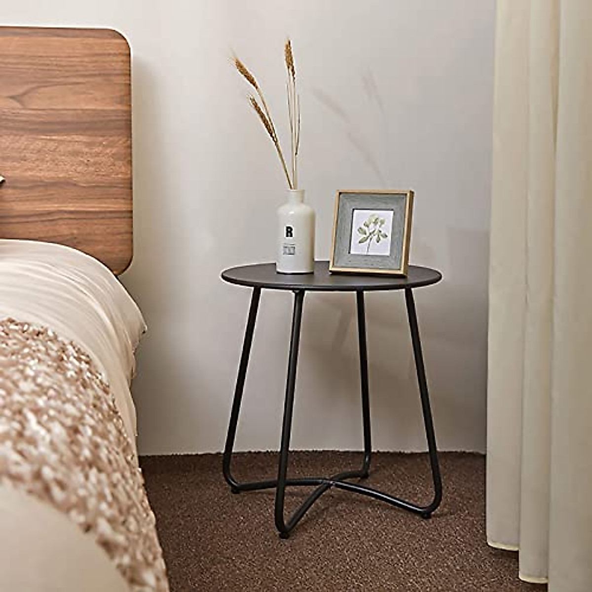 CaiFang Patio Side Table Outdoor, Metal Side Table Small Round Side Table Weather Resistant End Table Outdoor Table for Garden Porch Balcony Yard Lawn, Black