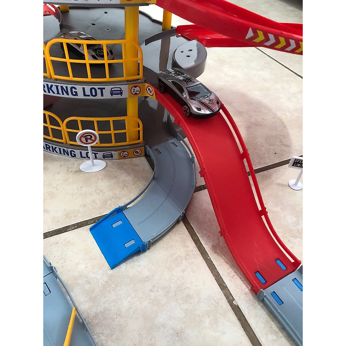 Garage Toy Set Car Vehicle Building Parking Lot Race Tracks for Boys with 1 Helicopter and 2 Random Cars Durable Garage Playset for Boys, Kids, Toddler Great Race Track Perfect Car Track (4 level red)