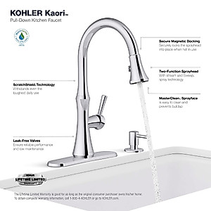 Kohler R28706-SD-CP Kaori Single Handle Kitchen Faucet with Pull Down Sprayer and Soap Dispenser, Polished Chrome