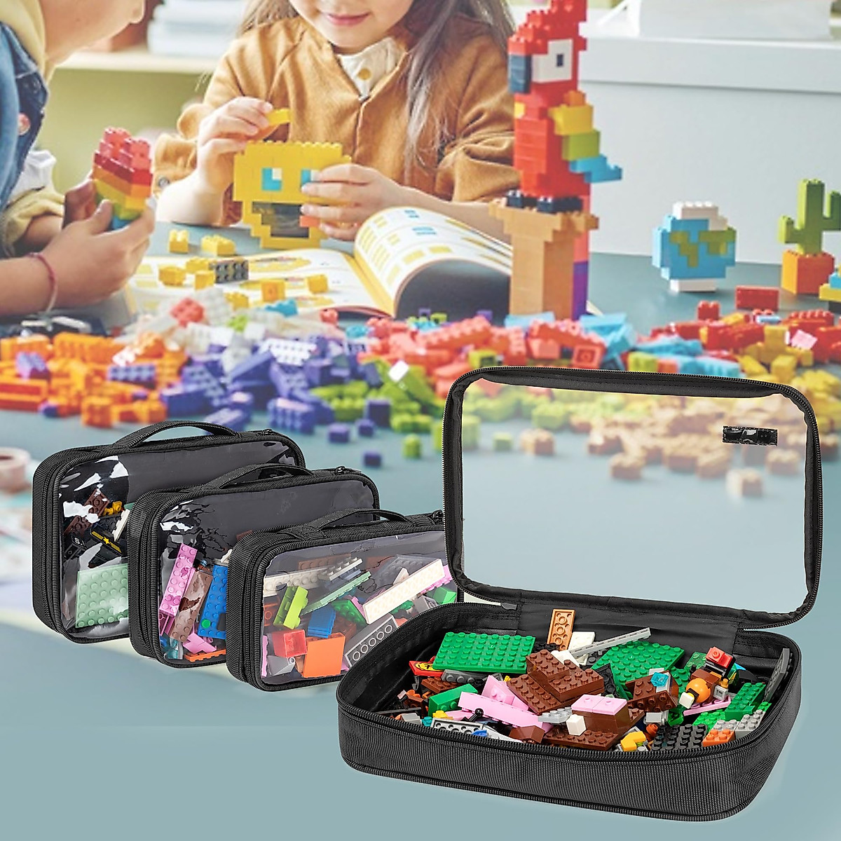 Damero 4 Packs Toy Carry Case, Toy Storage Bags with Zipper, Toy Building Blocks Board Games Storage Case, Clear Toy Organizer Bags for Travel, Playroom, Classroom, Home Organization, Black(Bag Only)