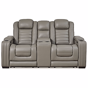 Signature Design by Ashley Backtrack Contemporary Tufted Leather Power Reclining Loveseat with Console and Adjustable Headrest, Light Gray