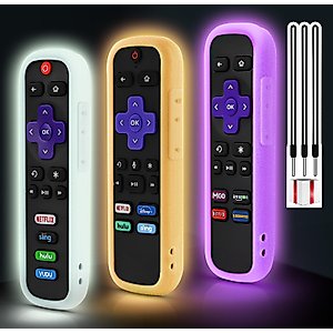 SOTATOO (3 Pack) Remote Cover for Roku, Remote Case Compatible with Roku Voice Remote Official, Silicone Universal Protective Controller Sleeve Glow in The Dark Purple Orange White with Lanyards