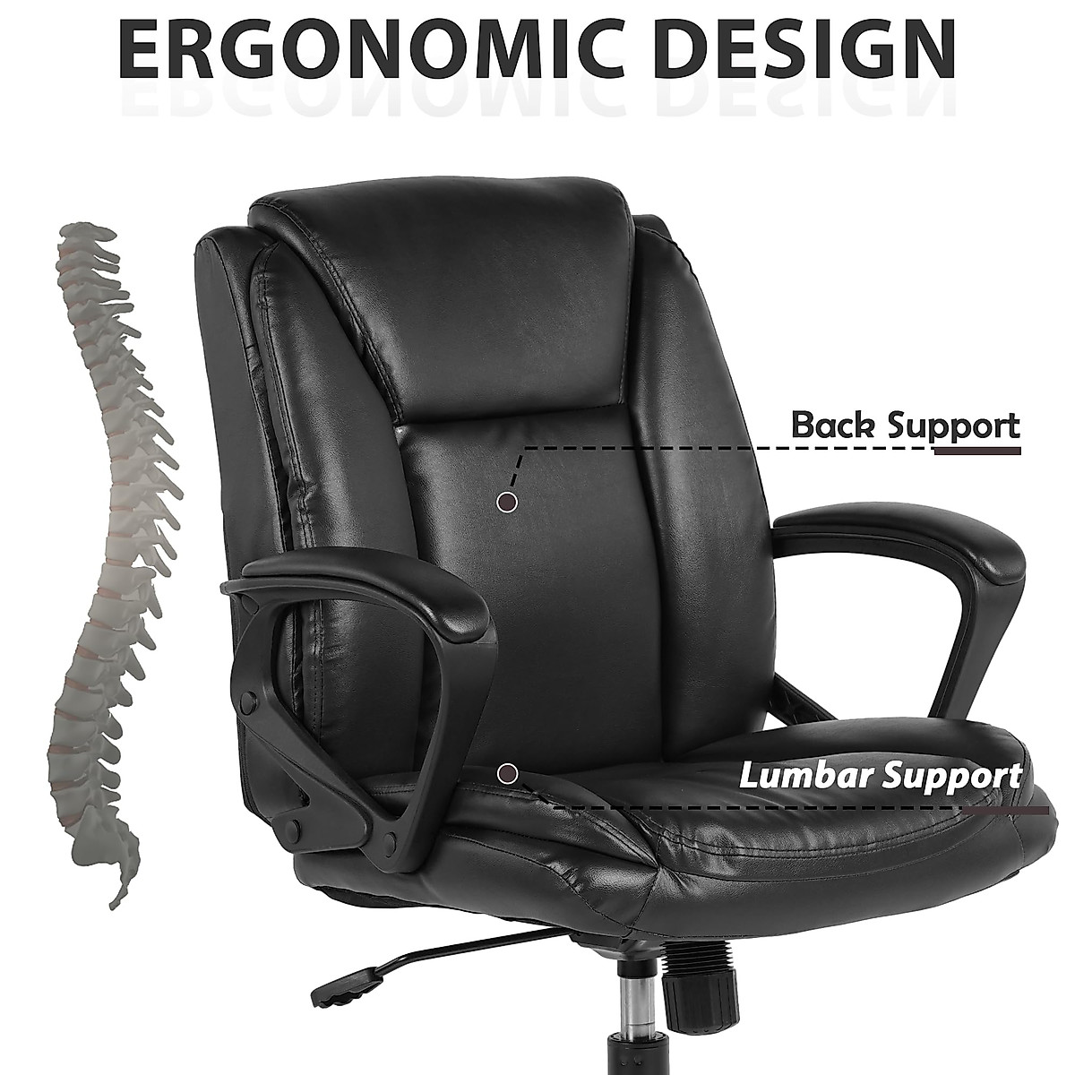 Office Chair,Executive Desk Chair with Lumbar Support,PU Leather Mid Back Computer Chair with 360-Degree Rolling Swivel Tilt，Ergonomic Desk Chair with Padded Armrest for Adult Men Women,Black