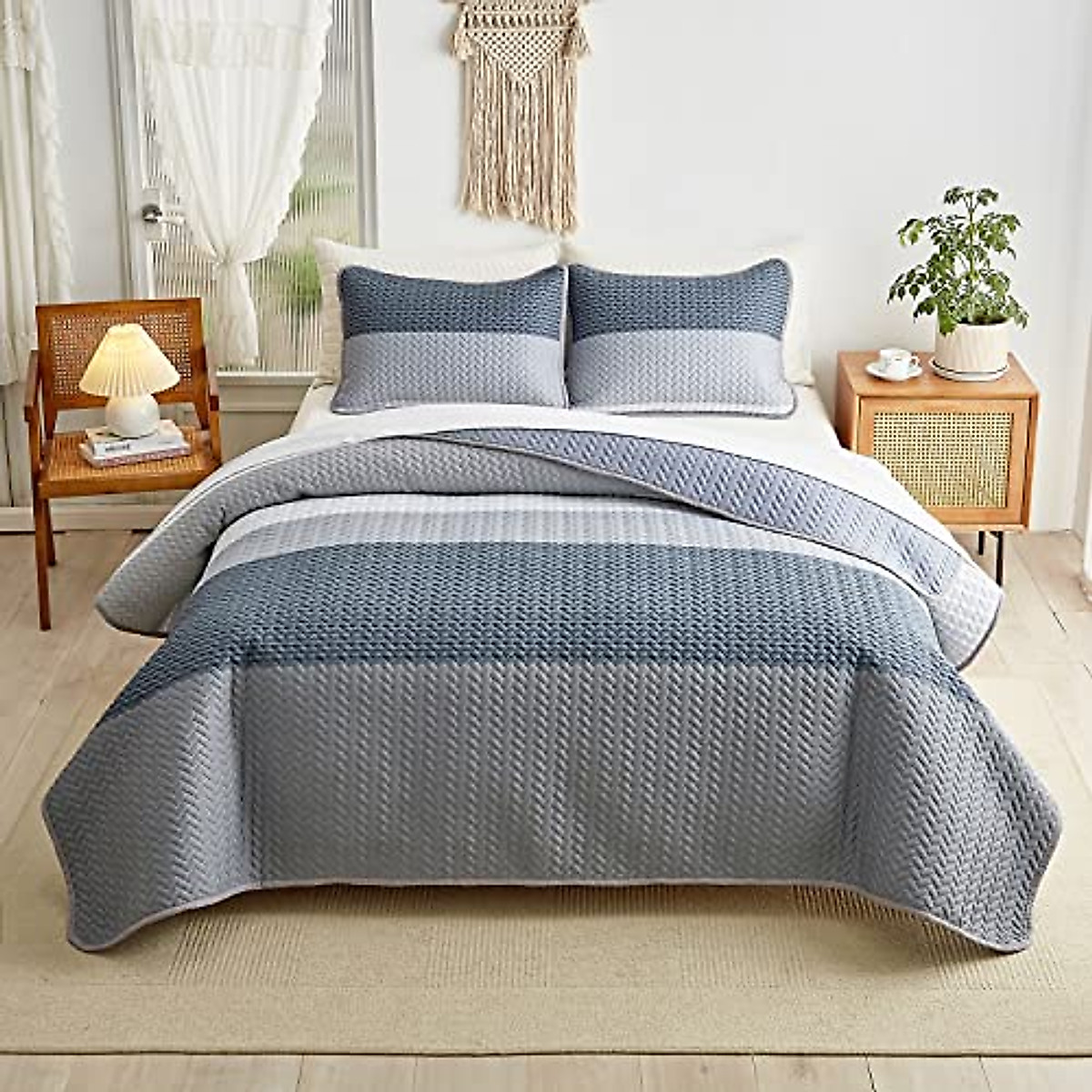 Striped Cotton Quilt Set King Size with White Gray Stripes Soft Cotton Reversible 3pc Quilt Bedding Set, Coverlet, Bedspread with 2 Pillow Shams