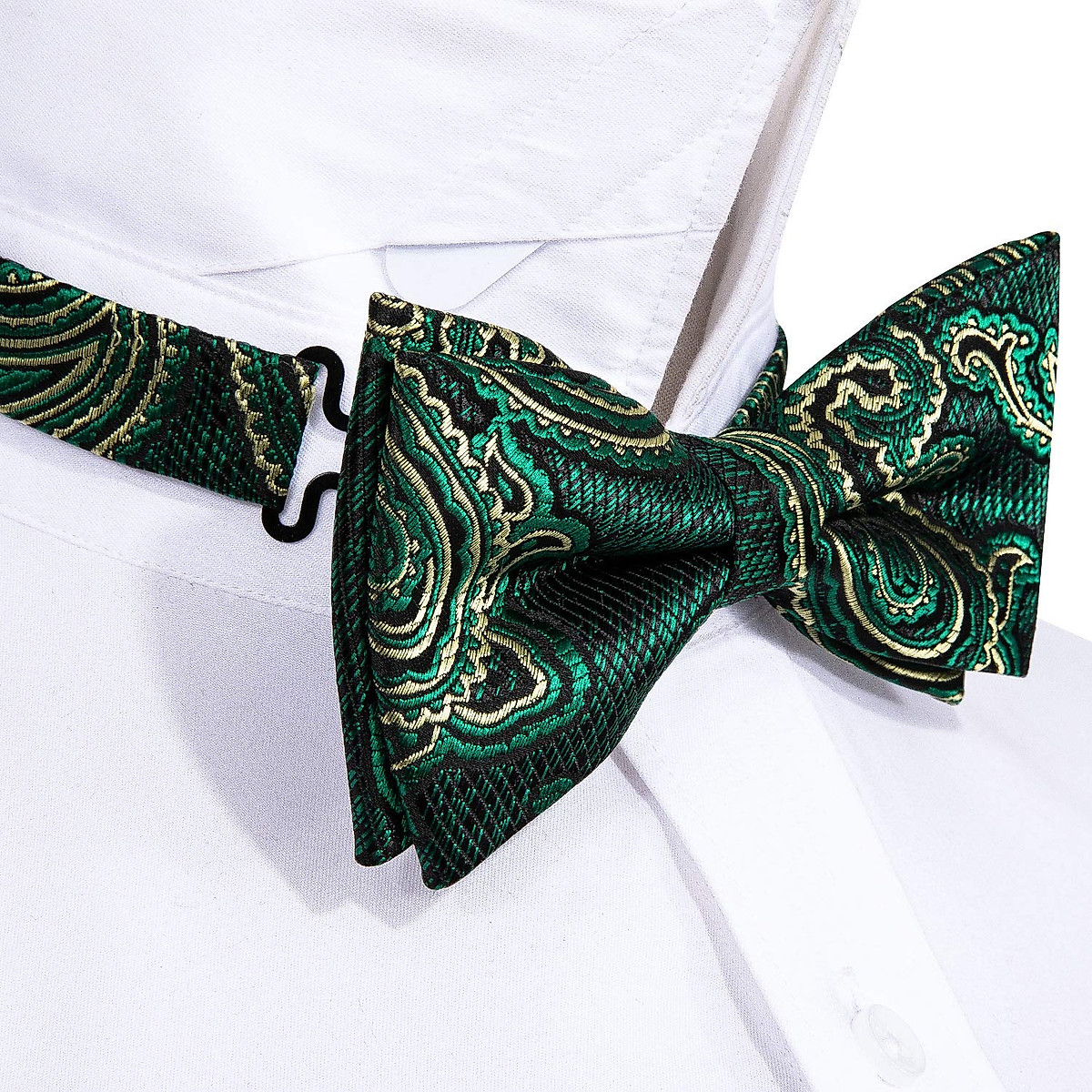YOHOWA Green Gold Bow Tie and Pocket Square Set Pretied Bow Tie with Gold Diamond Ring