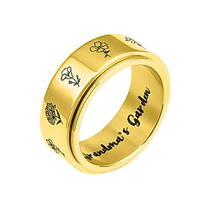 Custom Engraved Birth Flower Rings for Women Mothers 360 Rotating Spinner Ring Stainless Steel Personalized 1-13 Birth Month Flowers Ring for Her Mom Grandma Gift Fidget Rings Anxiety Worry Rings