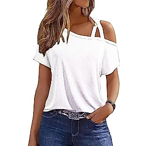 VKEGNIO Criss-Cross One Shoulder Tops Sexy Cold Shoulder Shirts Summer Short Sleeve T-Shirts Vacation Loose Casual Tees (Large, White)