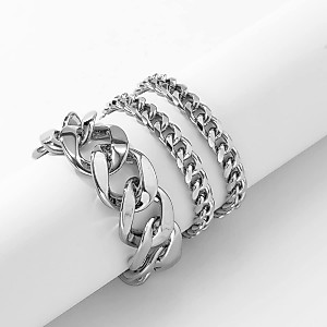 Wiwpar Boho Layered Chunky Bracelets Fashion Layered Link Chain Bracelets Set Adjustable for Women Girls (Silver)