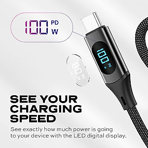 Statik TruCharge 100W USB C Cable with LED Digital Display and Silicone Organizer - Super Fast Charging Cable Type USBC to USBC - High Speed USB C 100W Cable with BlitzCharge Technology, 6FT/2M