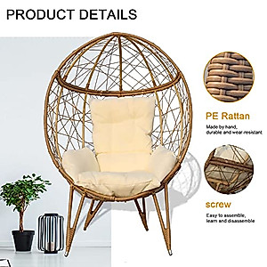 Wicker Egg Chair Outdoor, Rattan Hanging Basket Lounge Chair with Legs and Cushion, Oversized Indoor Outdoor Bedroom Garden Deck Balcony Lounger for Patio