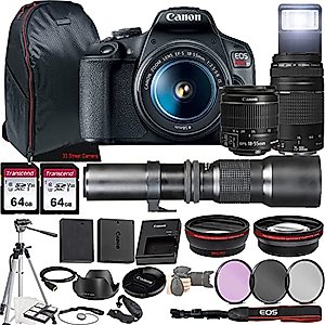 Canon EOS Rebel T7 DSLR Camera w/EF-S 18-55mm f/3.5-5.6 is II Lens + EF 75-300mm f/4-5.6 III Lens + 500mm f/8 Focus Lens + 2X 64GB Memory + Case + Filters + Tripod + More (35pc Bundle)