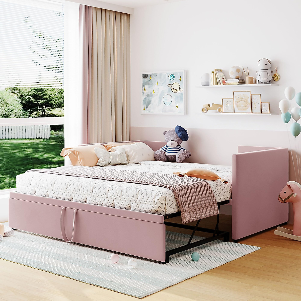 LostCat Twin Size Upholstered Daybed with Pop Up Trundle, Velvet Sofa Bed Frame, No Box Spring Needed, Easy Assembly, for Kids, Adults, Bedroom, Pink