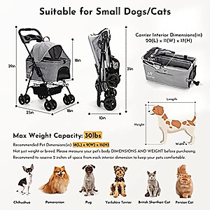 SKISOPGO Dog Cat Pet Gear 3-in-1 Foldable Pet Stroller Detachable Carrier, Car Seat and Stroller with Push Button Entry for Small Pets (Gray)