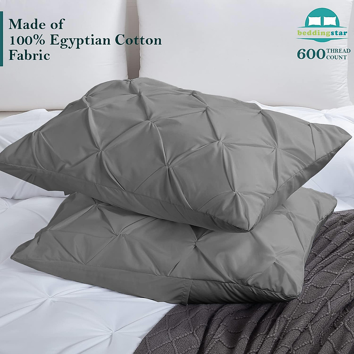 King Pillow Shams Set of 2 Pinch Pleated Dark Grey Pillow Shams King 20X36 Pinch Pillow Covers 100% Egyptian Cotton 600 Thread Count Hotel Class Bedding King Size Decorative Pinch Pillow Shams Set