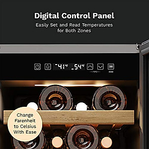 hOmeLabs 25 Bottles High-End Wine Cooler - Standalone Dual-Zone Mini Fridge and Chiller for Wines with Temperature Control Panel, Stainless Steel Reversible Door Swing and Removable Wood Shelves