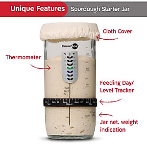 KneadAce Sourdough Starter Jar With Date Marked Feeding Band, Thermometer, Sourdough Jar Scraper, Sourdough Container Sewn Cloth Cover & Metal Lid, Sourdough Starter Kit For Sourdough Bread Baking