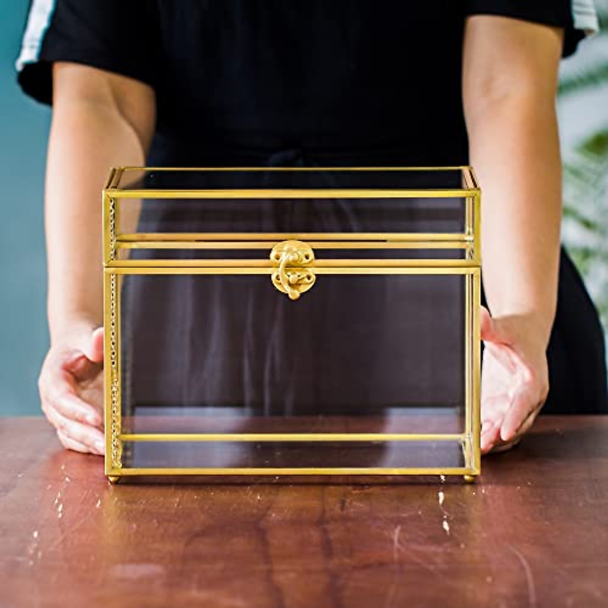 NCYP Gold Glass Card Box with Lid for Wedding Reception (9.9x5.6x7.7 Inches) Handmade Rectangle Decorative Storage Box for Party Wishwell Keepsake, Vintage Terrarium (Glass Box Only) (No Slot)