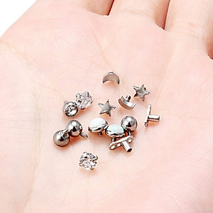 Hoeudjo 18PCS 14g Dermal Anchor Tops and Base Skin Titanium Microdermals Surface Piercing Jewelry for Women Men, Opal/CZ/Ball/Heart/Moon/Star/Flat Top + Bases 4mm