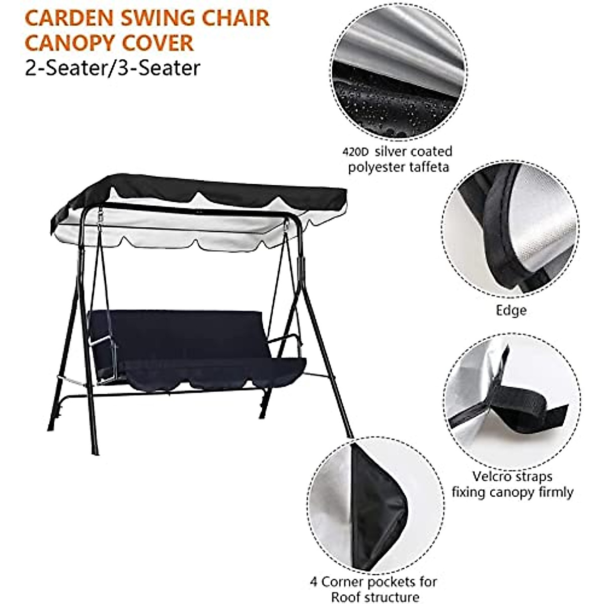 BTURYT Swing Canopy Replacement Cover, Waterproof Canopy Top Cover for 2/3 Seater Swing Chair Awning Swing Cover for Outdoor Garden Patio Yard,(top Cover only)