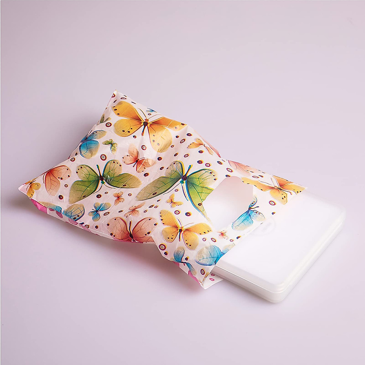 NUOMI Butterfly Plastic Merchandise Bags with Die Cut Handle 100 Pcs Glossy Retail Bags for Shopping, Gifts Wrapping, Goodies, Party Favors, Birthdays