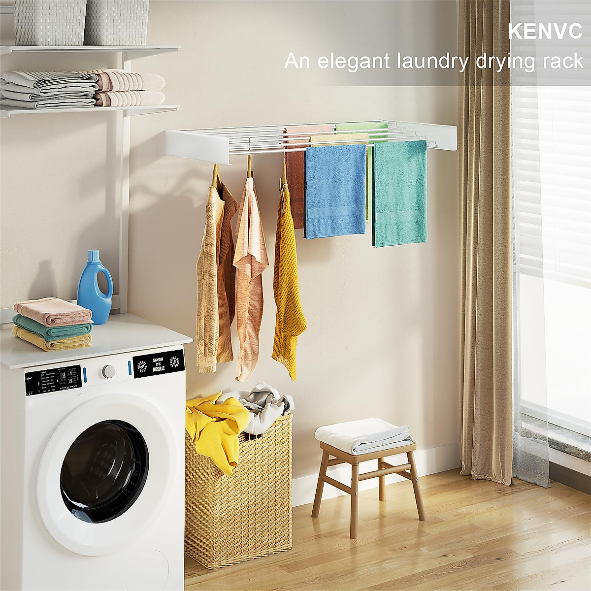 kenvc Laundry Drying Rack Collapsible, Wall Mounted, Clothes Drying Rack, 40" Wide, 16.4 Linear Ft, 5 Aluminum Rods, 60 lb Capacity, with Wall Template, Screwdriver Bit, Drill Bit (White 40" Large)