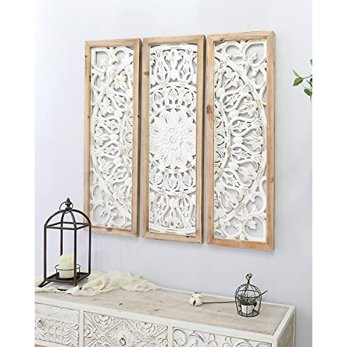 CASOLLY Carved Wood Wall Decor,Floral-Patterned Wooden Panels (Set of 3),Decorative Carved Wall Sculpture,39"x36"x1",for Living Room Bedroom Entrance Hall