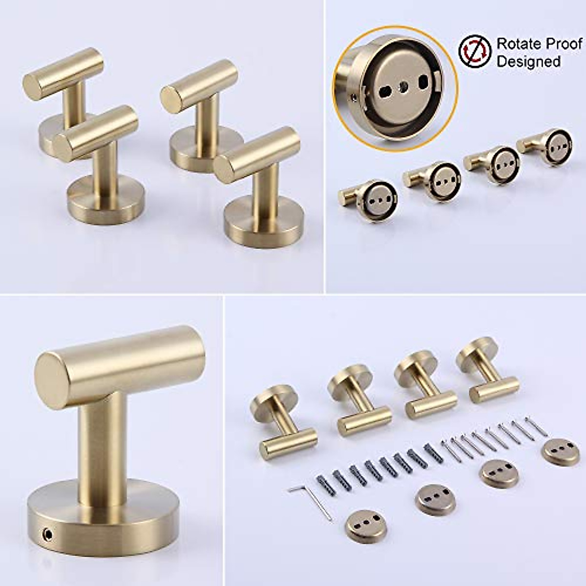 GERZWY SUS 304 Stainless Steel Bath Coat Hook Towel/Robe Clothes Hook for Bathroom Kitchen Modern Hotel Style Wall Mounted Brushed PVD Zirconium Gold 4 Pack