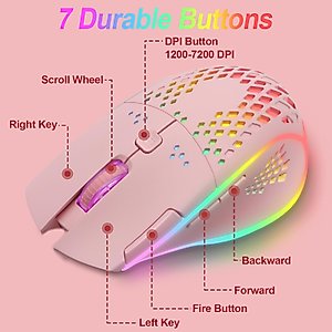 VEGCOO Wireless Gaming Mouse, C30 Silent Click Wireless Rechargeable Gaming Mouse with Double-Click Key and Colorful LED Lights, 3 Level Adjustable DPI for Gaming and Working (Pink)
