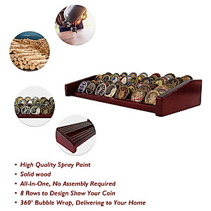 ASmileIndeep 8 Rows Military Challenge Coin Display Stand - Holds 60-70 Coins, Solid Wood Army Police Coin Rack Display Holder for Desktop, Mahogany