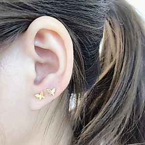 18G Tiny Butterfly Cartilage Stud Earrings S925 Sterling Silver Minimalist Tragus Helix Barbell Bar Labret Studs Earring Screw Back Piercing Jewelry Gifts for Women Sensitive Ears (Yellow Gold)
