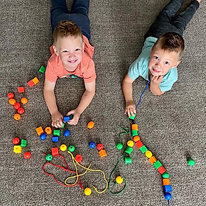 3 Bees & Me Jumbo Lacing Beads - Threading Toys for Toddlers & Kids Ages 3-5 - Fine Motor Preschool Activity with 50 Large Beads & Strings